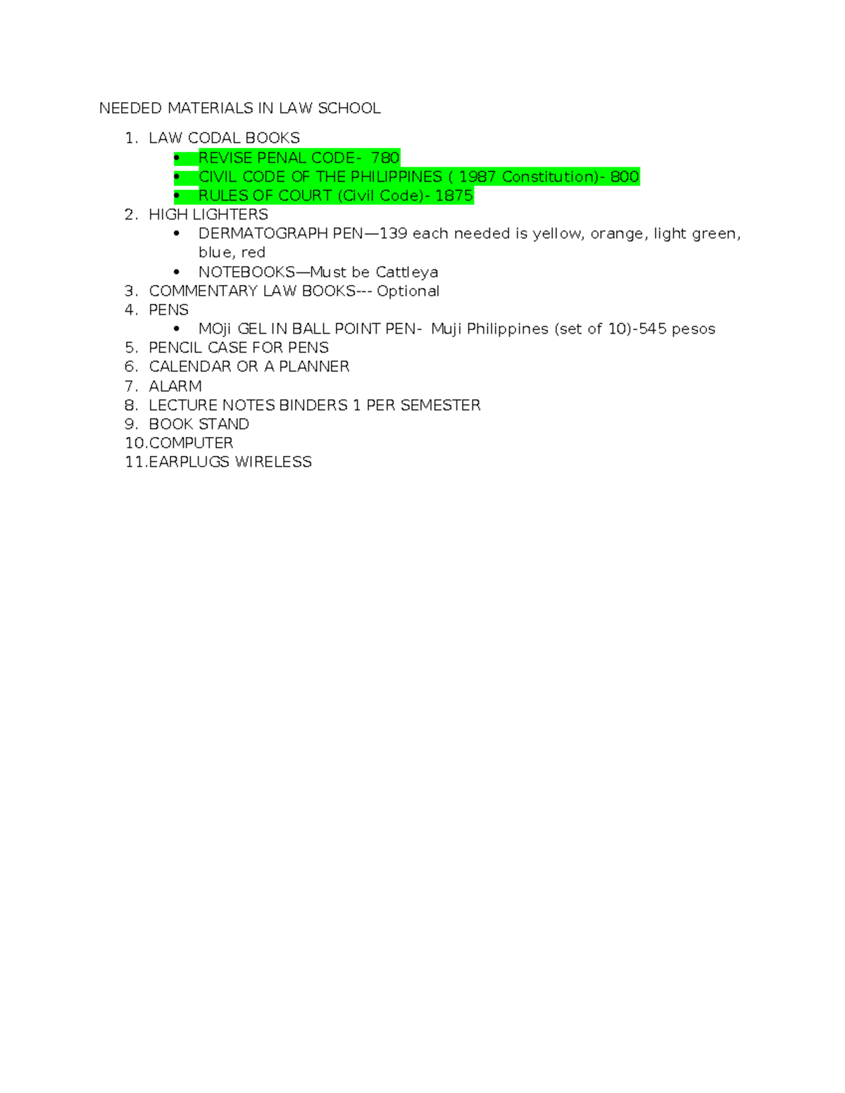 Needed Materials IN LAW School - NEEDED MATERIALS IN LAW SCHOOL 1. LAW ...