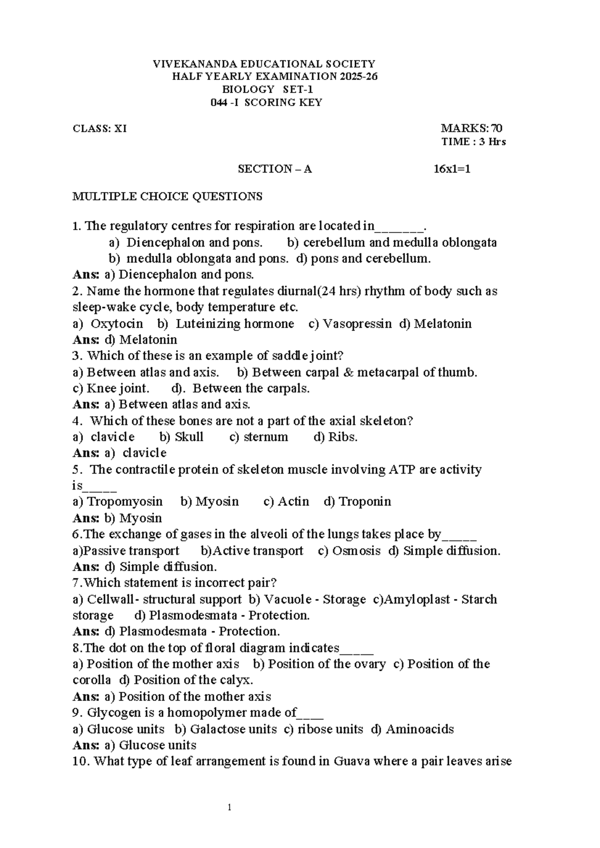 VIVEKANANDA EDUCATIONAL SOCIETY HALF YEARLY EXAMINATION BIOLOGY 044 ...