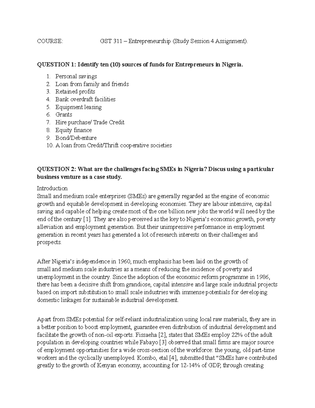 GST 311 - Study Session 4 Assignment - Entrepreneurship - Computer ...