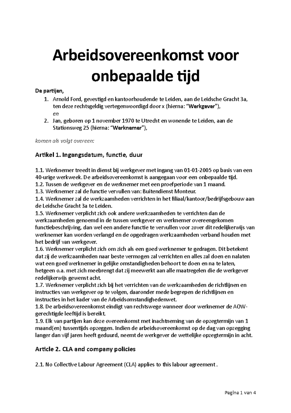 Arbeidsovereenkomst Onbepaalde tijd voorbeeld - HR advies en ...