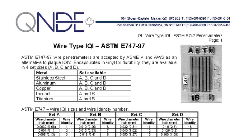 IQI ASTM E747 Penetrameters: Shims, Mounting Blocks & Wedges - Studocu