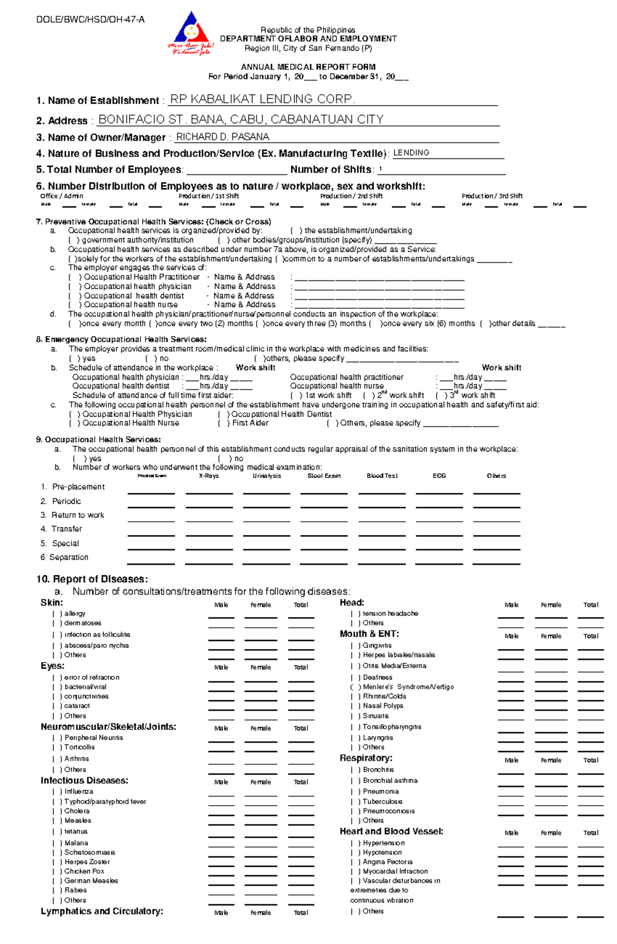 Annual Medical Report - HRDM - DOLE/BWC/HSD/OH-47-A Republic of the ...