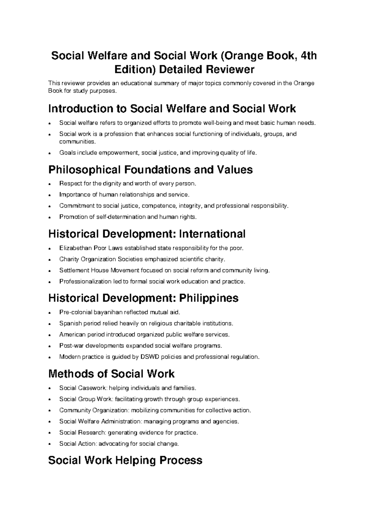 SW 101: Orange Book 4th Ed. Detailed Reviewer on Social Welfare - Studocu