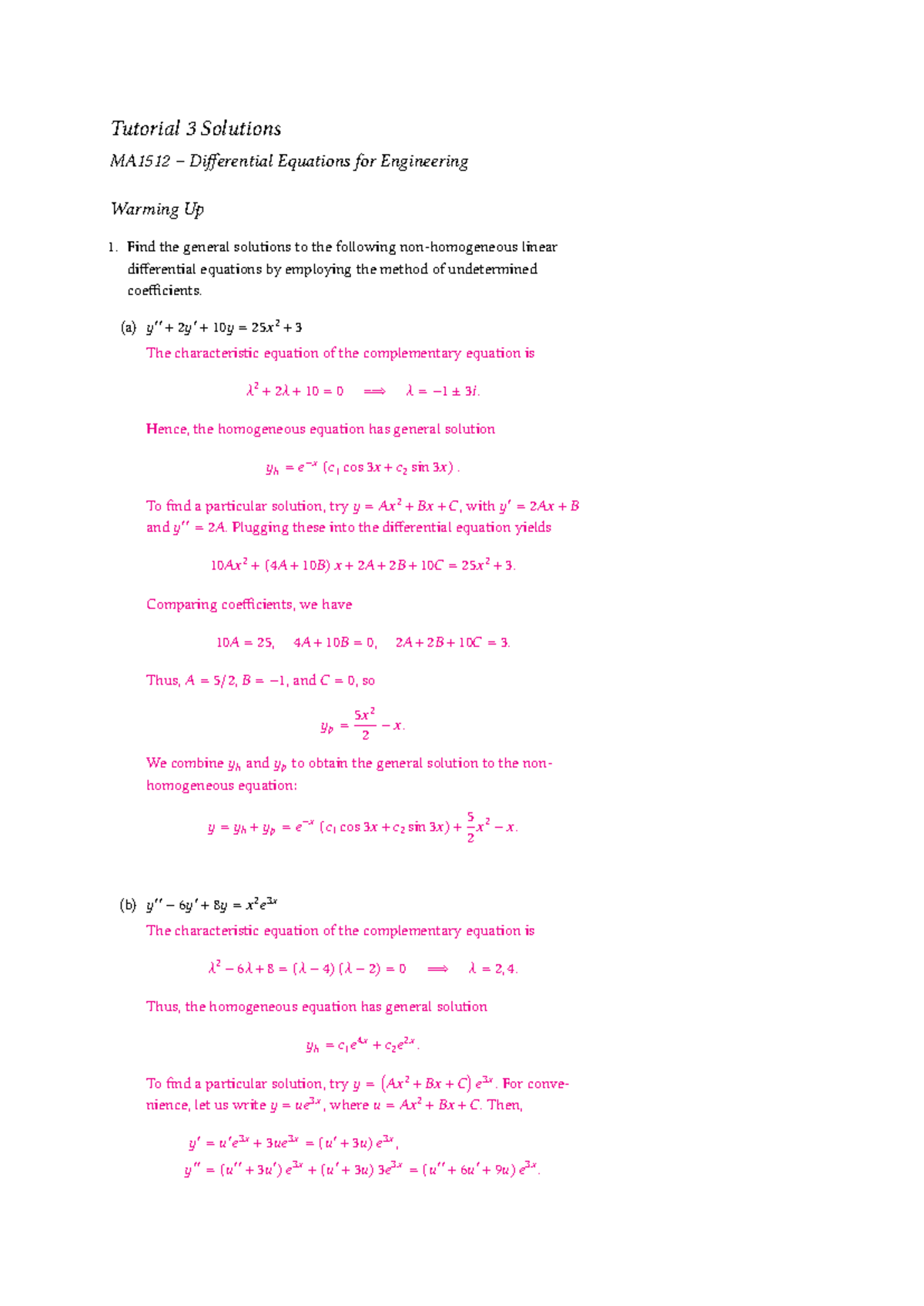 Tutorial 3 solutions for MA1512 differential equations in engineering ...