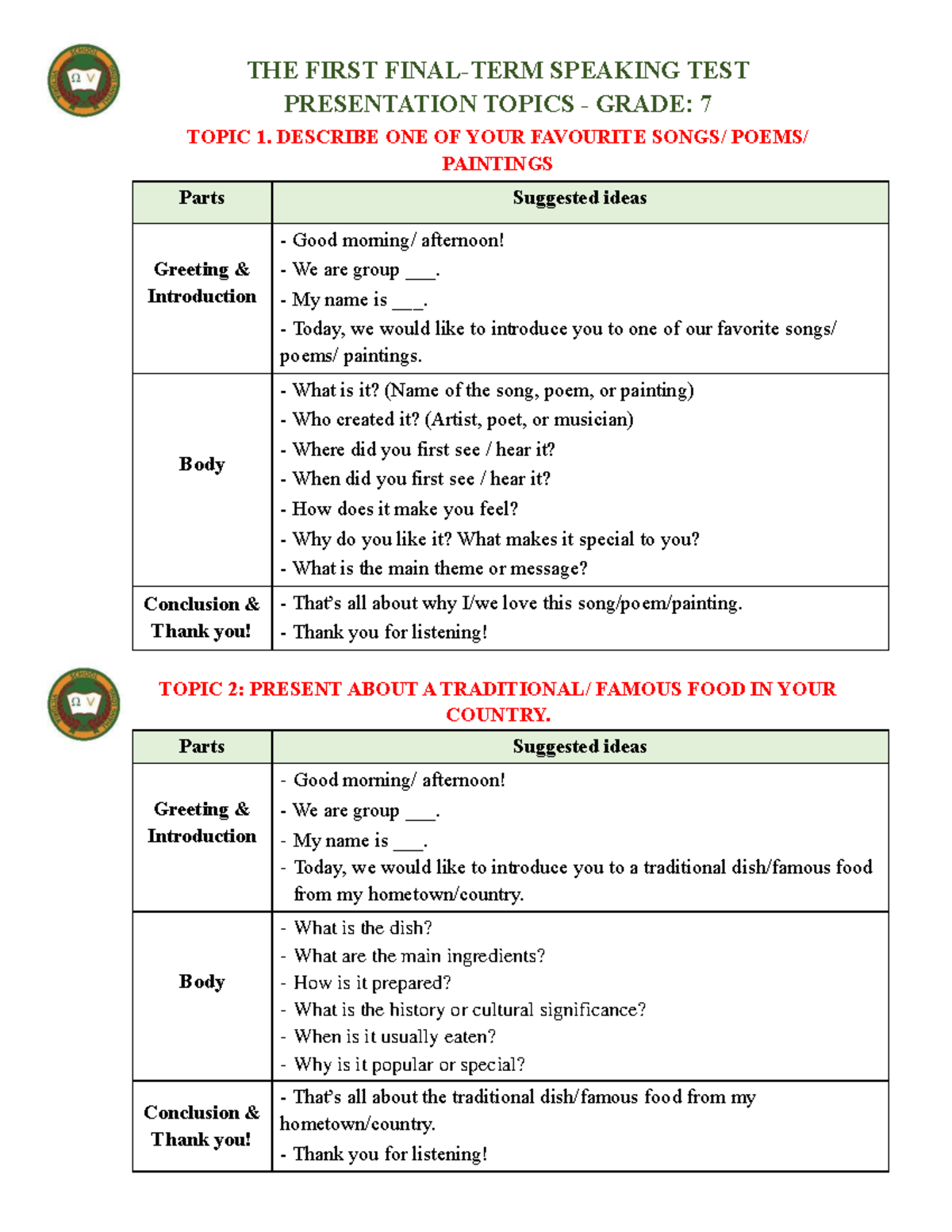 2425 G7 Speaking Topics THE 1ST Final TERM Final - THE FIRST FINAL-TERM ...