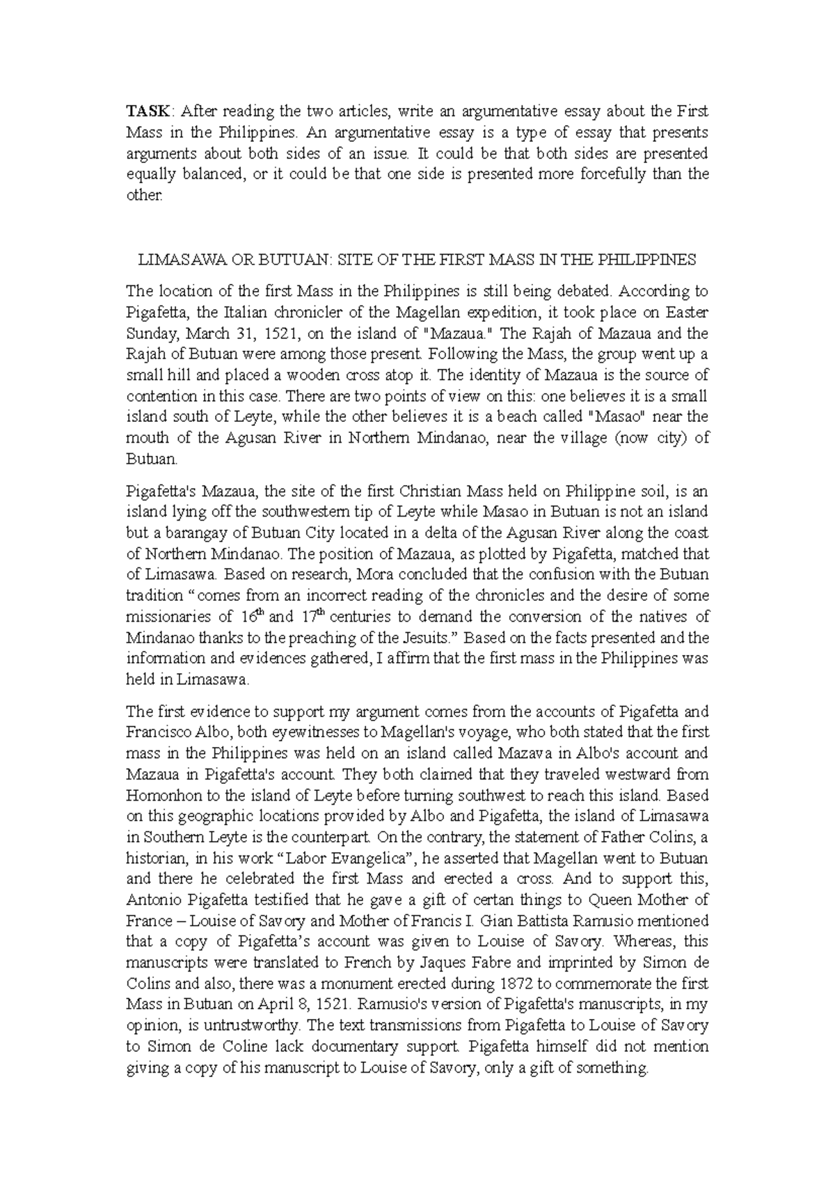 Argumentative Essay on the First Mass in the Philippines: Limasawa vs ...
