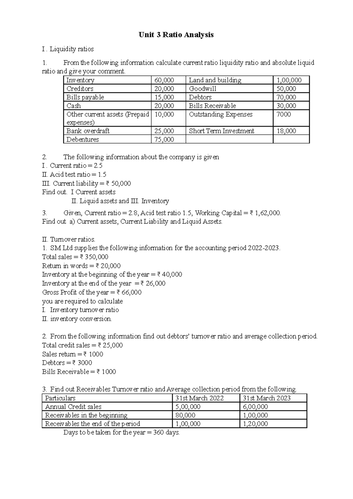 Unit 3 Problems - Ratio Analysis: Liquidity & Profitability Ratios - Studocu