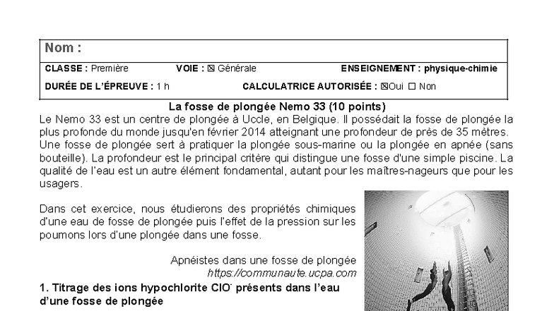 Devoir de Physique : Plongée et Hypochlorite dans la fosse Nemo 33 ...