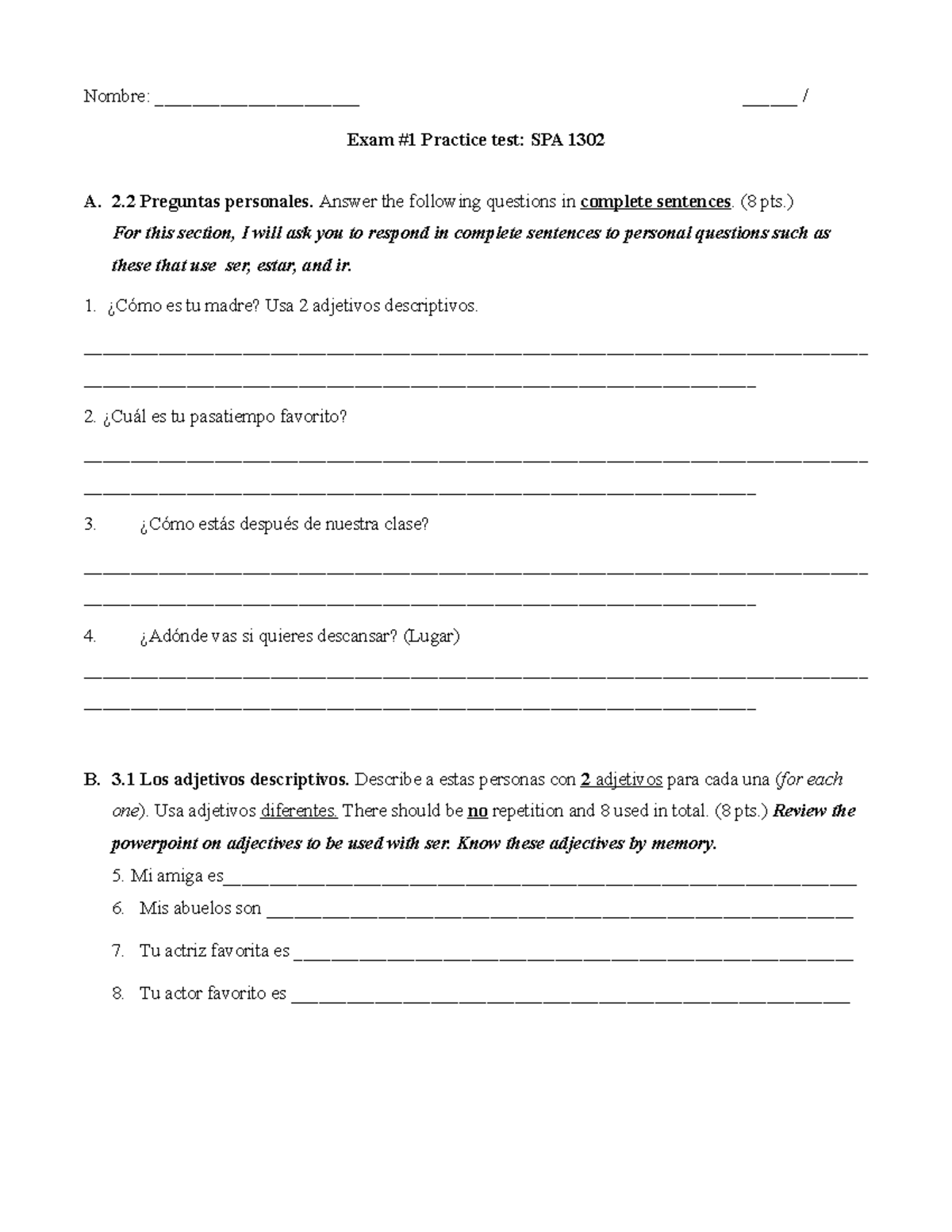 Final Exam Practice Test: SPA 1302 - Grammar & Vocabulary - Studocu