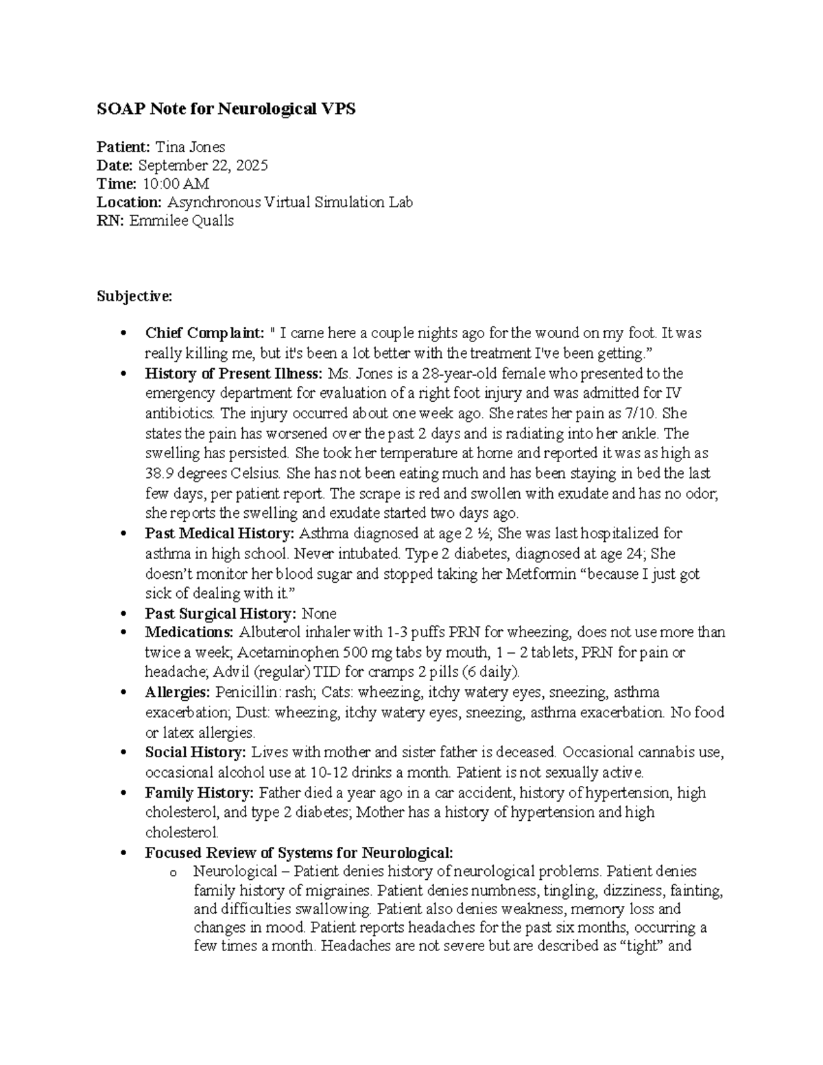 SOAP Note for Neurological VPS Patient: Tina Jones - Studocu