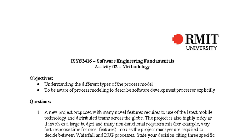 ISYS3416 Software Engineering Fundamentals Activity 02: Process Models ...