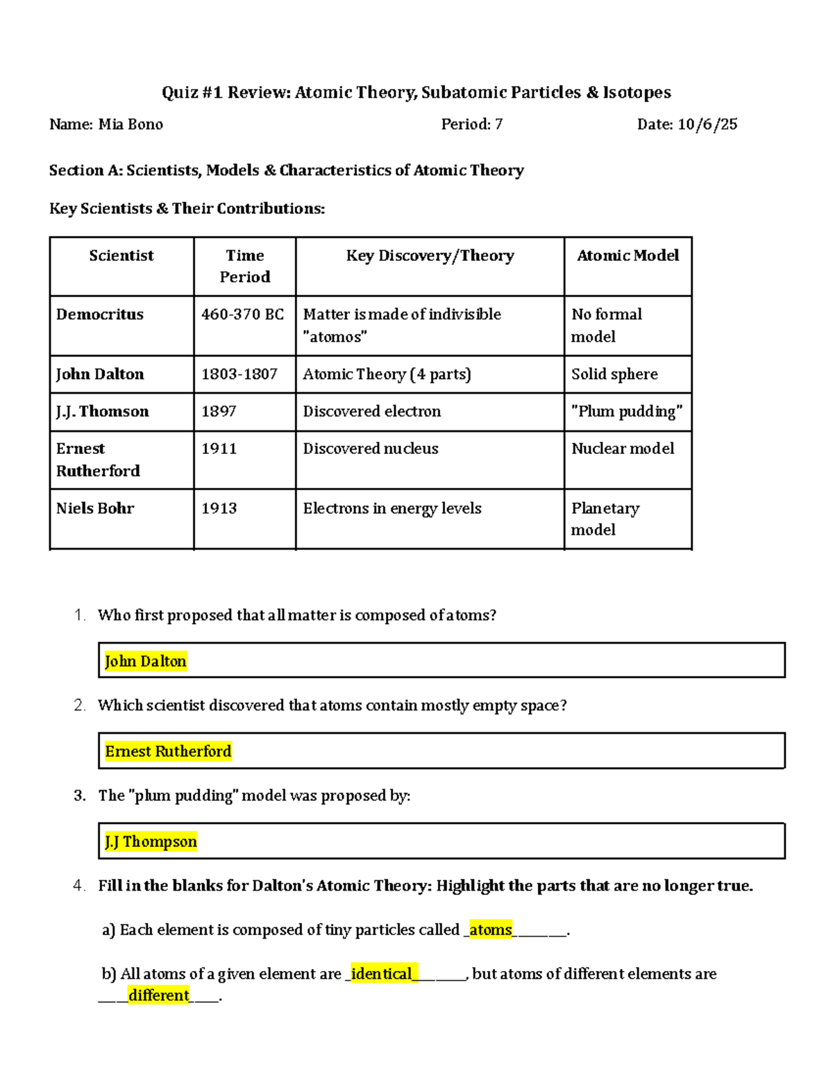 Quiz #1 Review: Atomic Theory, Subatomic Particles & Isotopes - Studocu