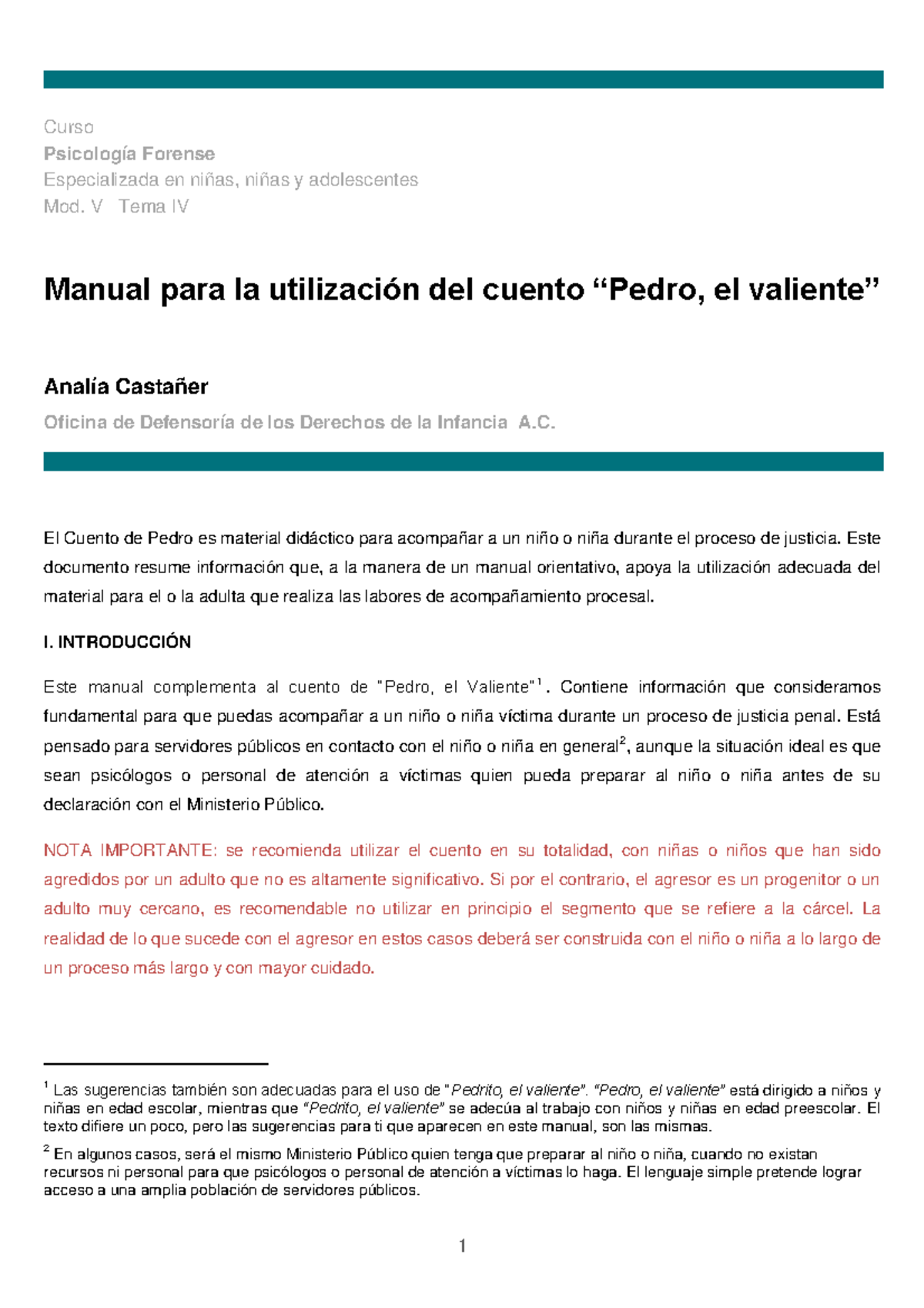 Manual de Utilización del Cuento "Pedro el Valiente" - Psicología ...