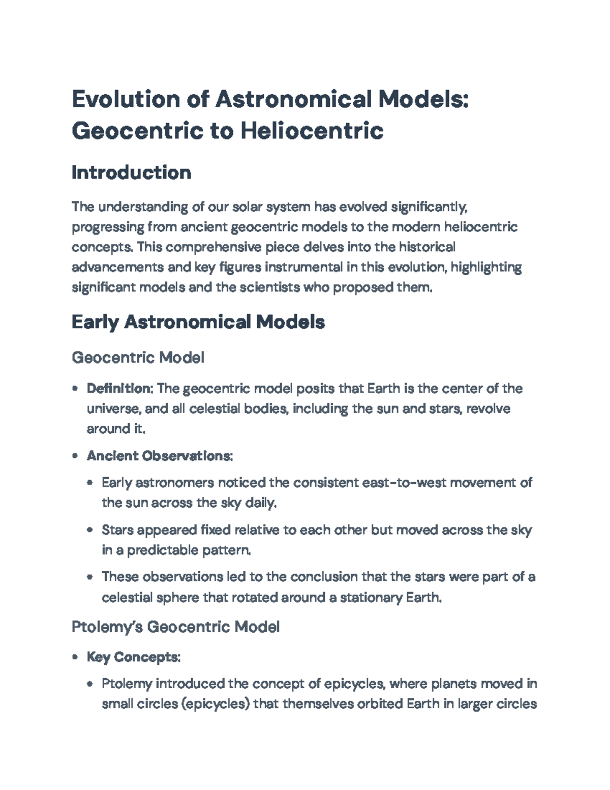 Evolution of Astronomical Models: Geocentric to Heliocentric History ...