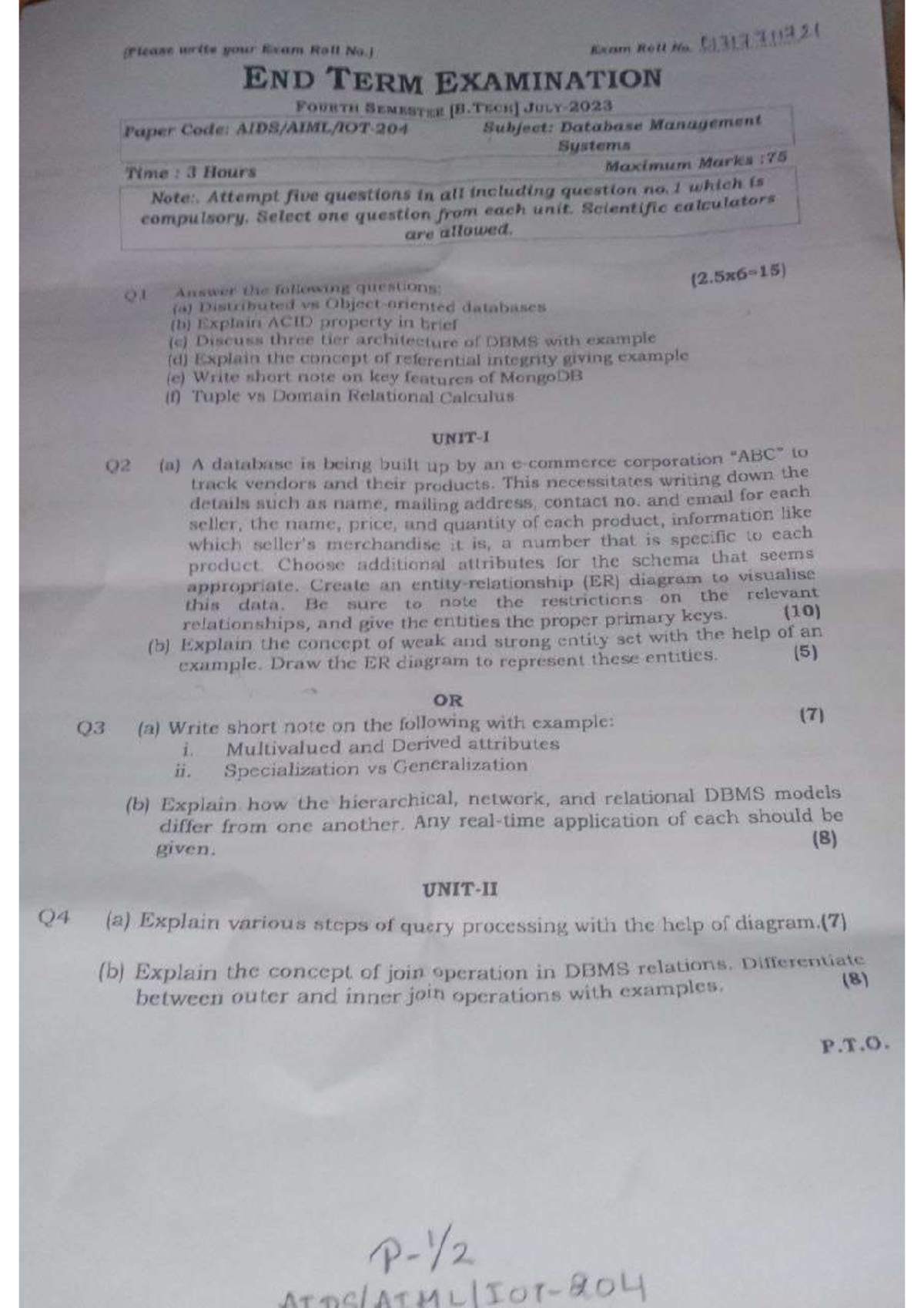 DBMS 4th Sem End Term Exam Paper Code: Comprehensive Study Guide - Studocu