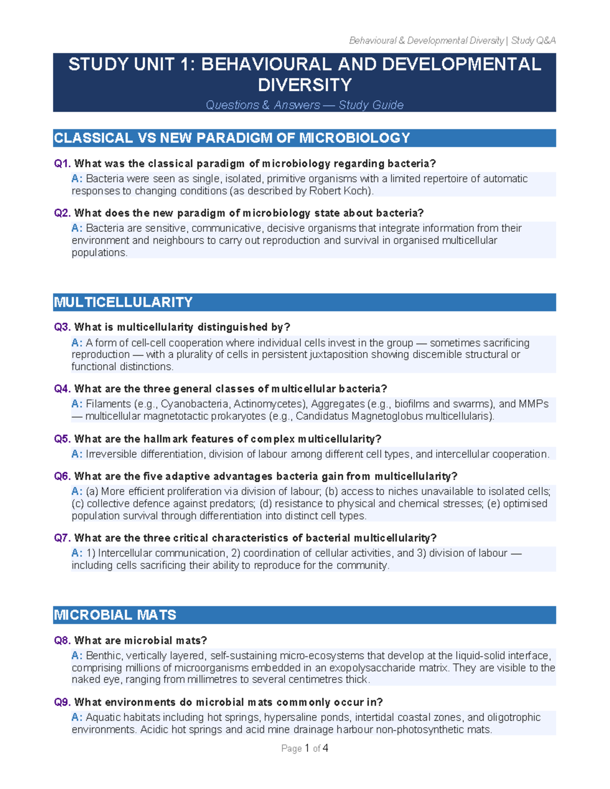 Behavioural Developmental Diversity Study Unit 1: Microbiology Insights ...