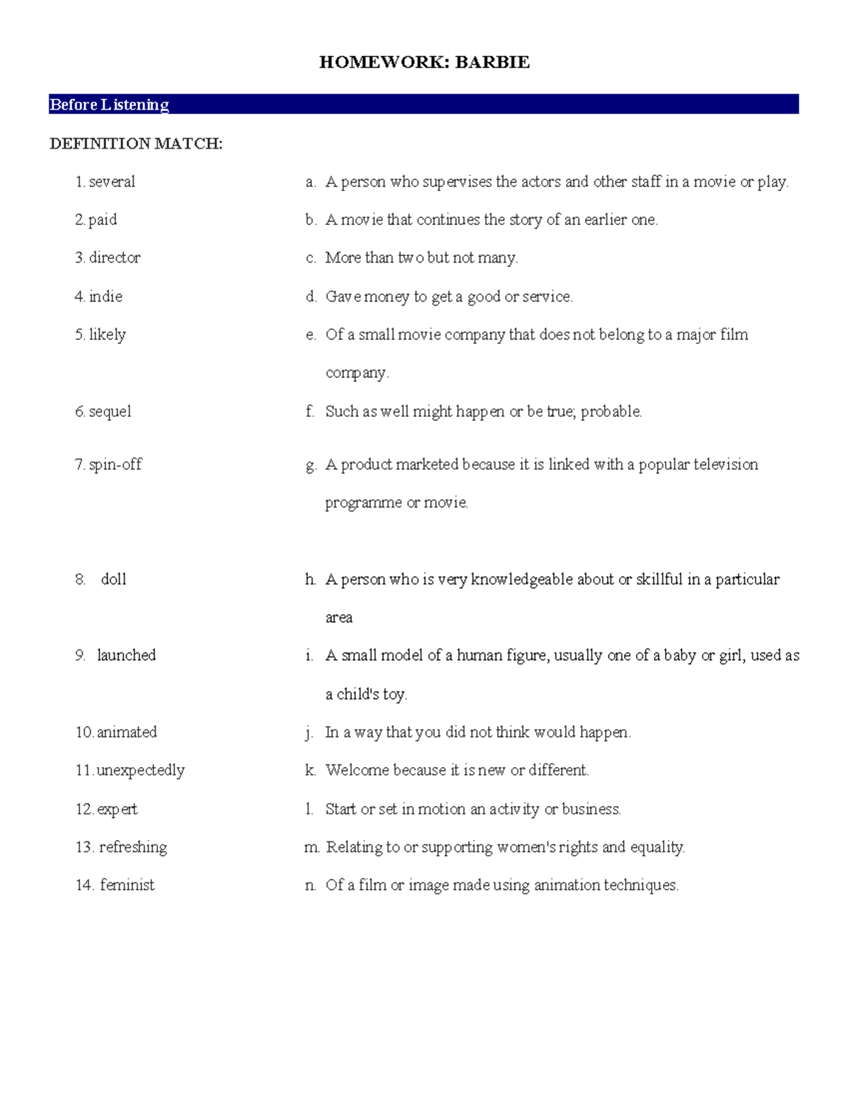 Homework: Barbie - Listening Definition Match Exercise - Studocu