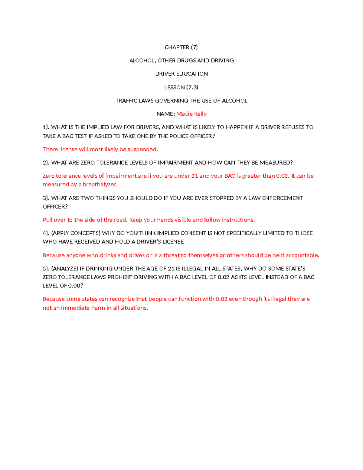 Chapter 7 Lesson 7.3 Review of Alcohol & Driving Laws Questions - Studocu
