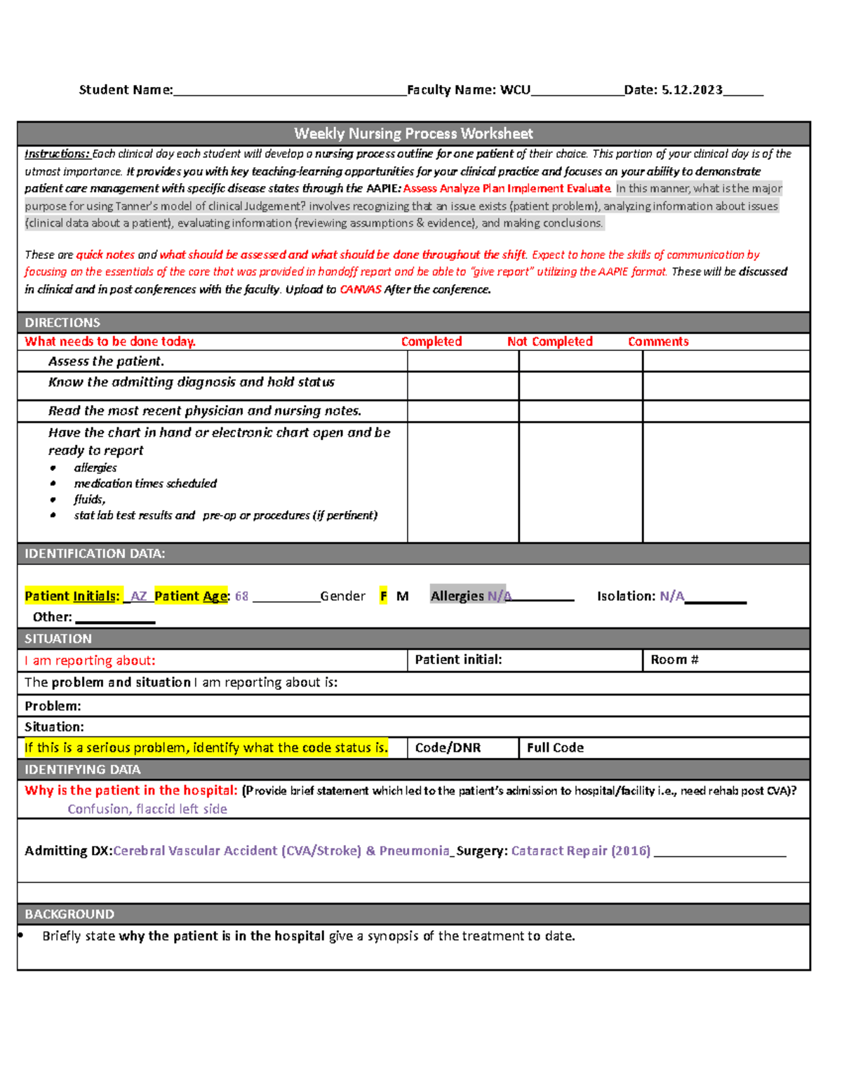 NURS 101L - Comprehensive Nursing Process Worksheet Guide - Studocu