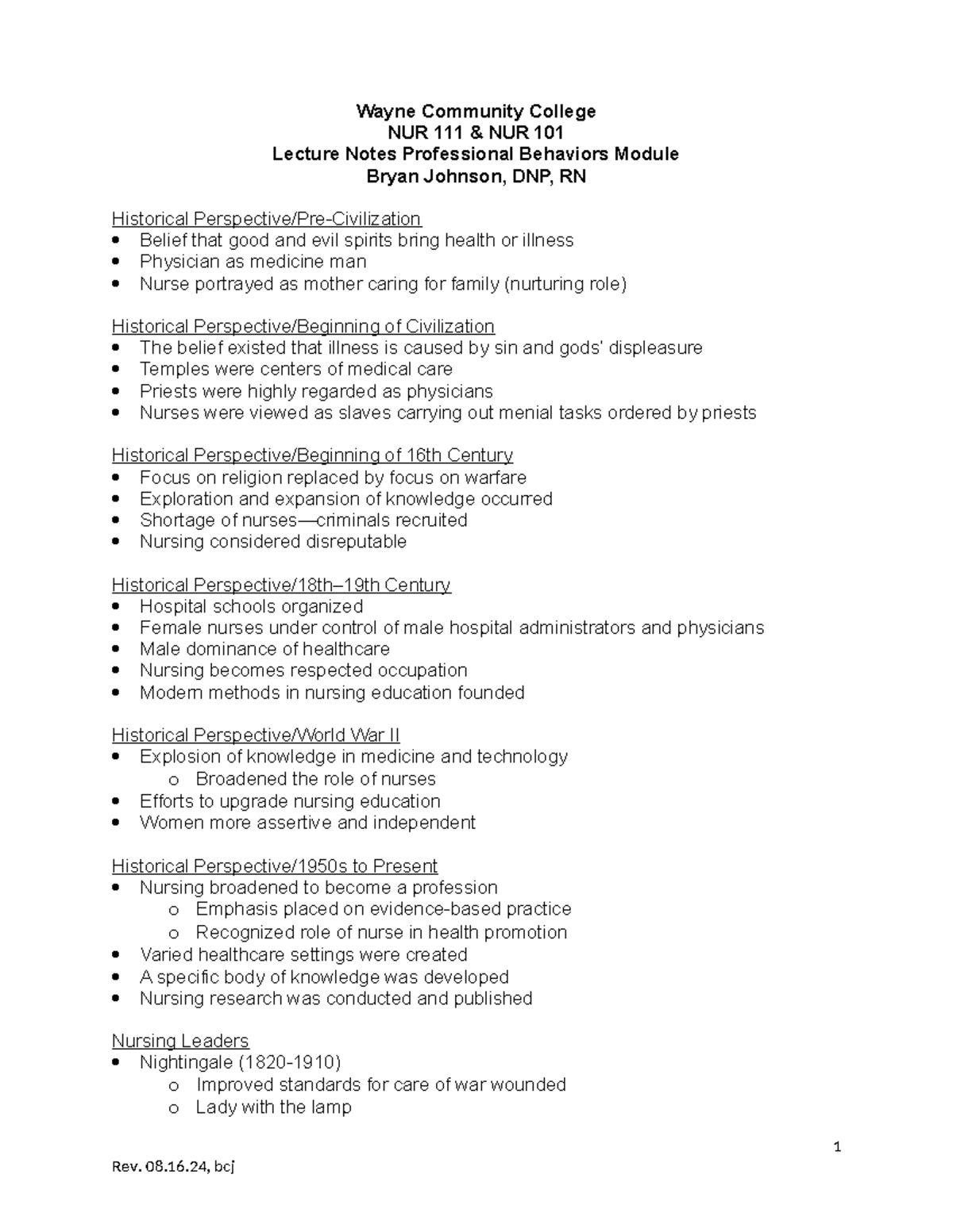 NUR 101 & NUR 111: Lecture Notes on Professional Nursing Behaviors ...