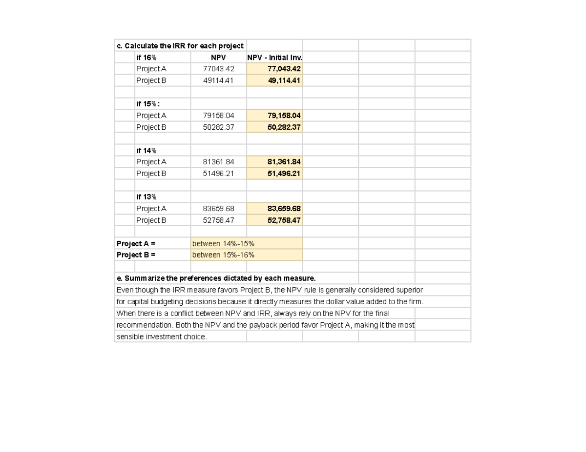 P10-25 C, E - IRR and NPV Analysis for Project A & B - Studocu