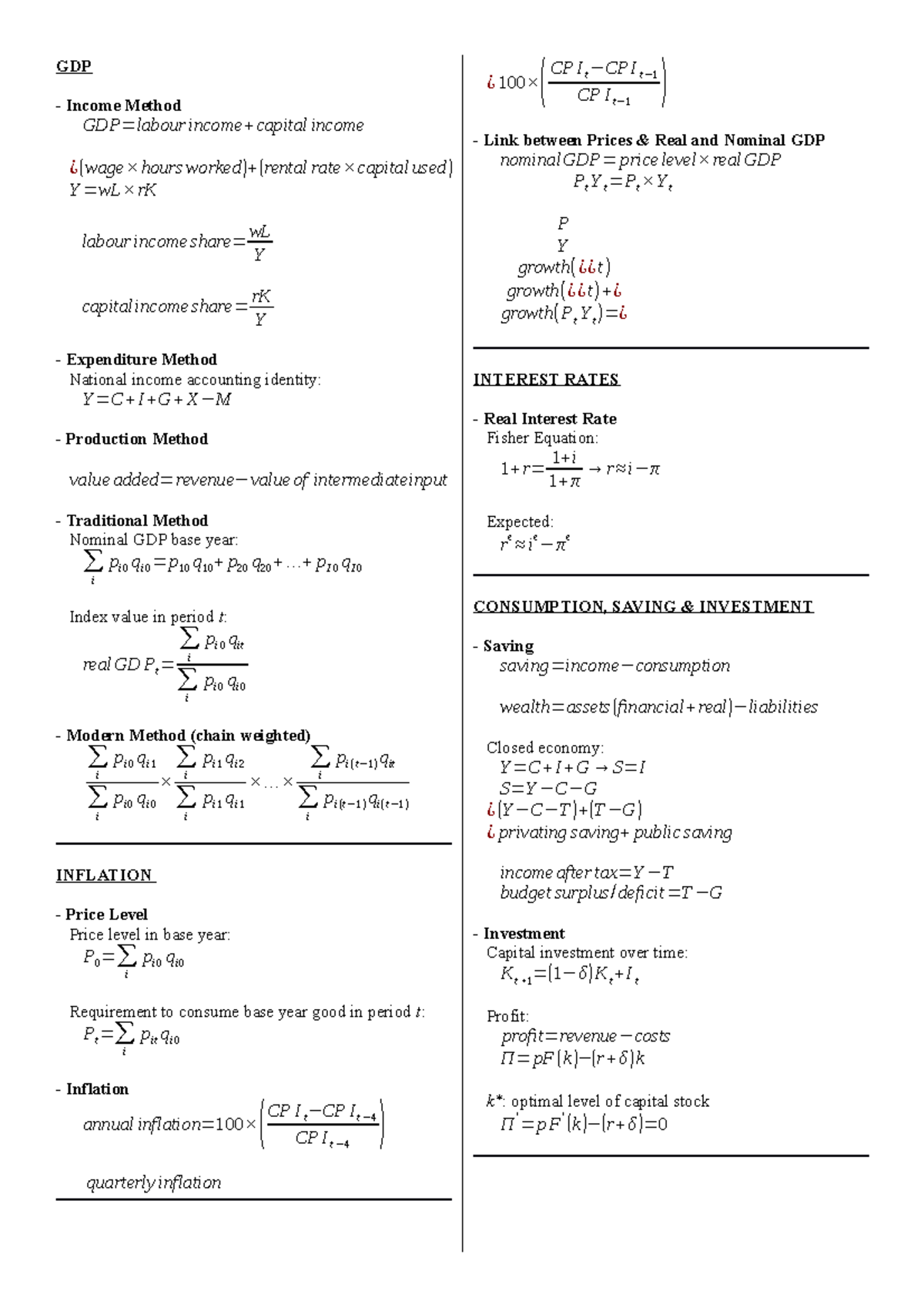 ECON10003 - All Formulas - GDP - Income Method GDP=labour income ...