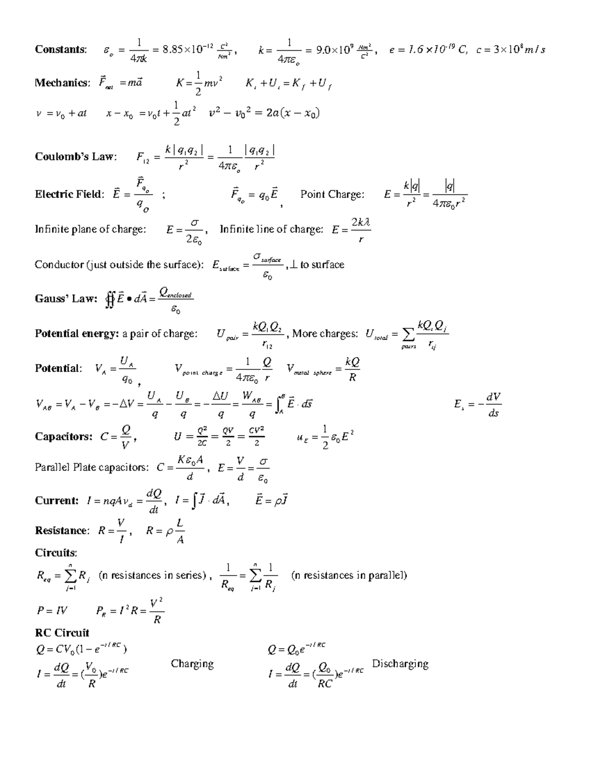 Mechanics and Circuit Analysis: Key Concepts and Formulas (PHYS 112) - Studocu