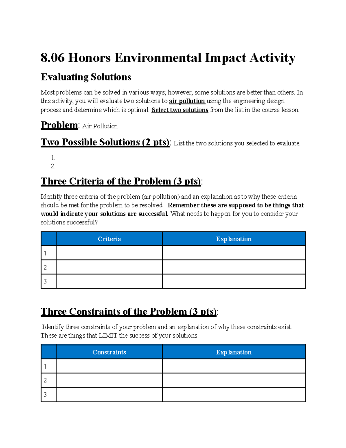 Chemistry 8 - 8.06 Honors Environmental Impact Lab Report - Studocu