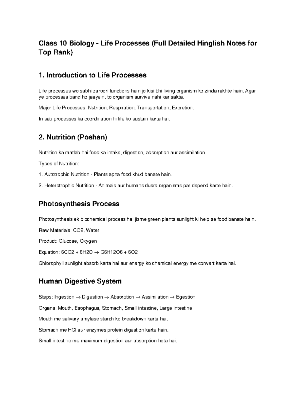 Class 10 Biology: Detailed Notes on Life Processes in Hinglish - Studocu