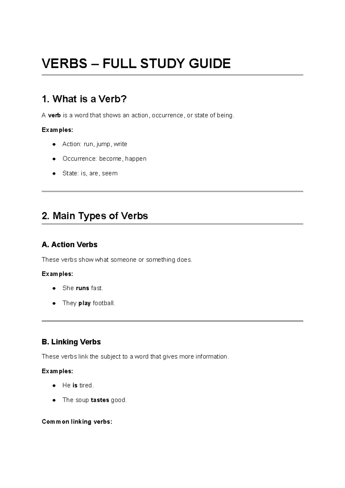 VERBS 101: Comprehensive Study Guide on Verb Types and Usage - Studocu