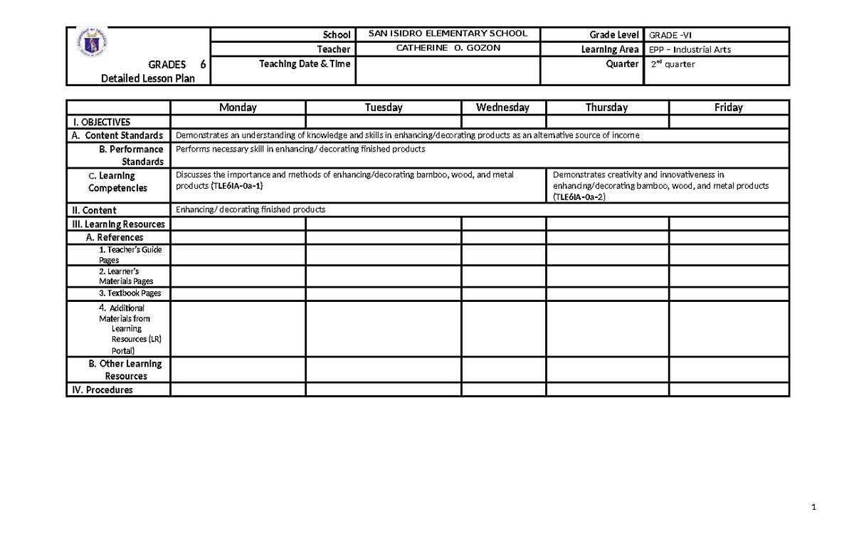 DLP TLE IA Week 1: Detailed Lesson Plan for Grade 6 - Studocu