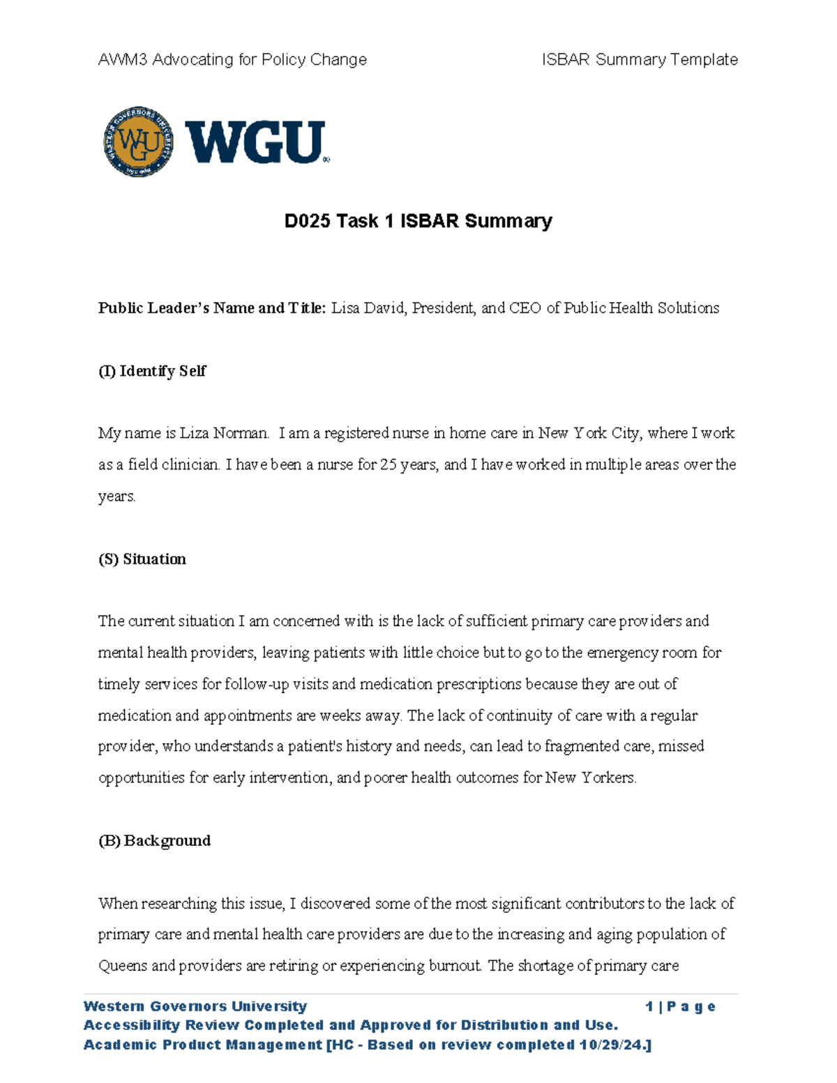 Awm3 advocating for policy change ISBAR summary template D025 task 1 ...