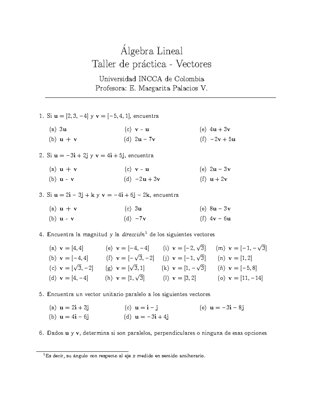 Taller de Práctica - Vectores en Algebra Lineal - INCCA - Studocu