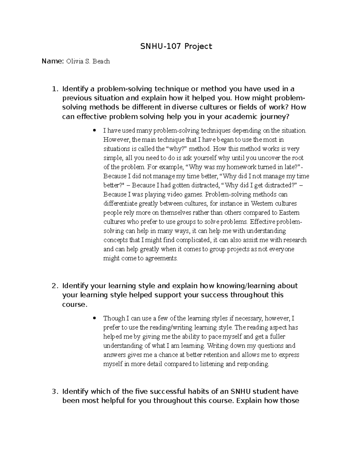 SNHU-107 Project: Techniques for Effective Problem Solving and Success ...