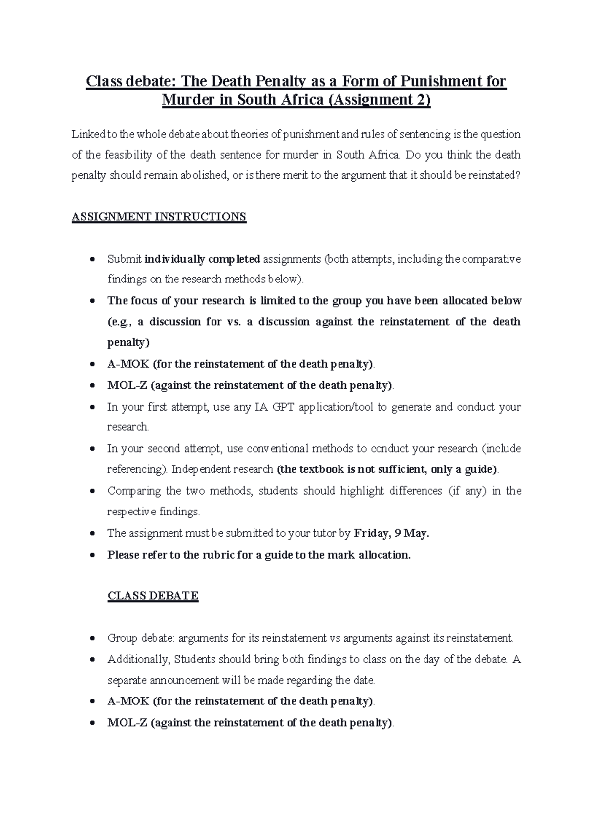 Debate on Death Penalty: Arguments For & Against (Assignment 2) - Studocu