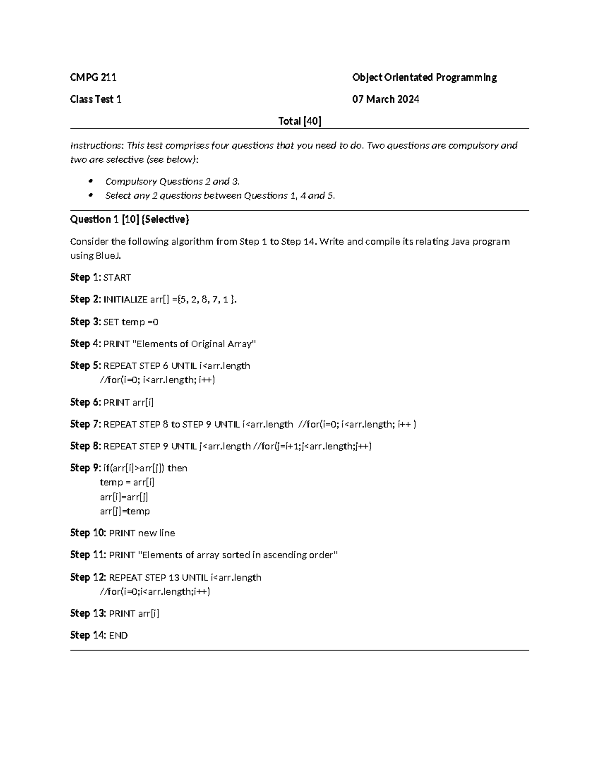 Test 1 First Test Java Cmpg 211 Object Orientated Programming Class