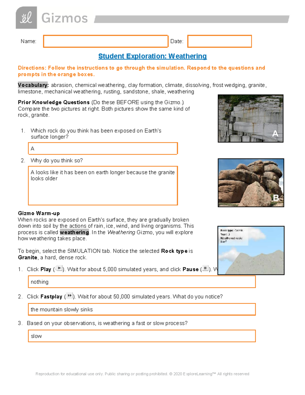 Gizmos Weathering Student Exploration (SE) Guide - Studocu