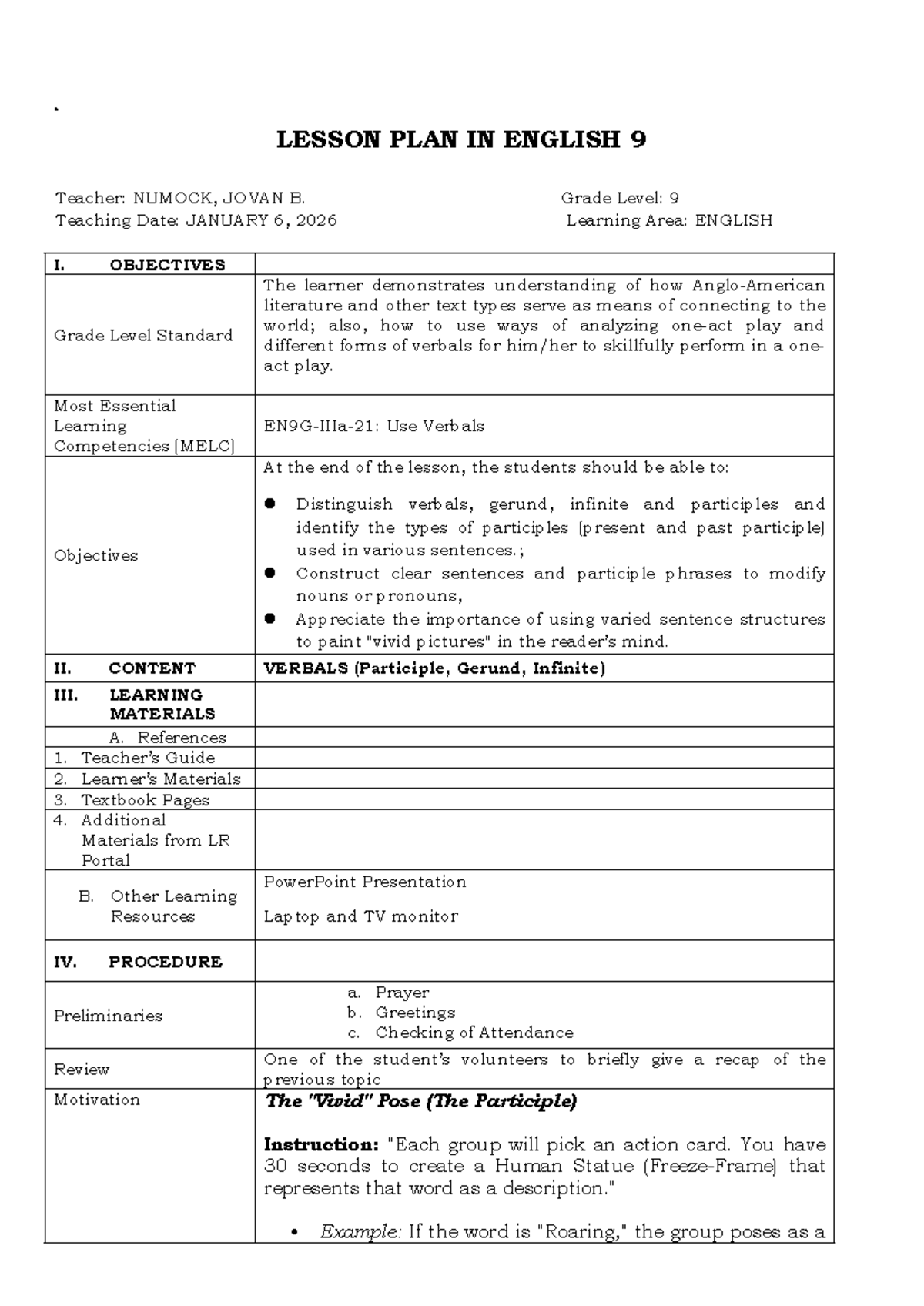 ENGLISH 9 LESSON PLAN: UNDERSTANDING VERBALS & PARTICIPLES - Studocu