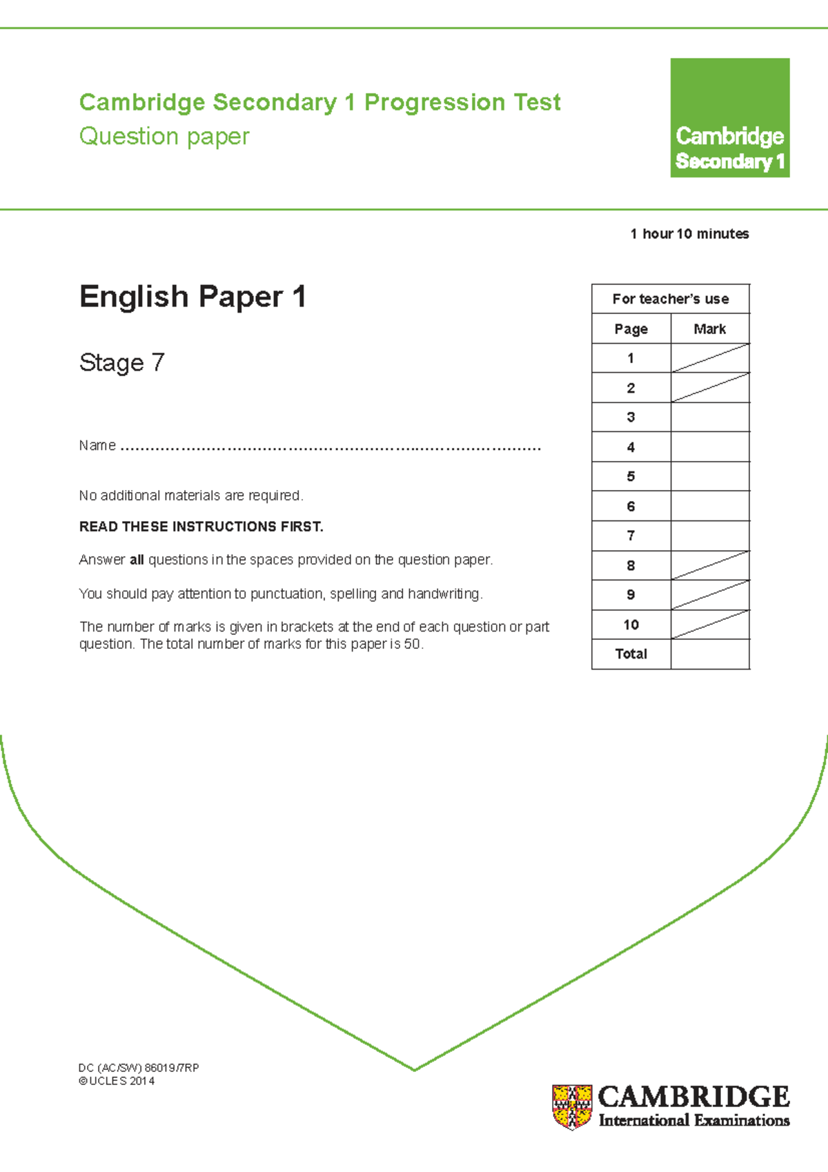 Cambridge Secondary 1 English Progression Test - Paper 1 (1 hr 10 min ...