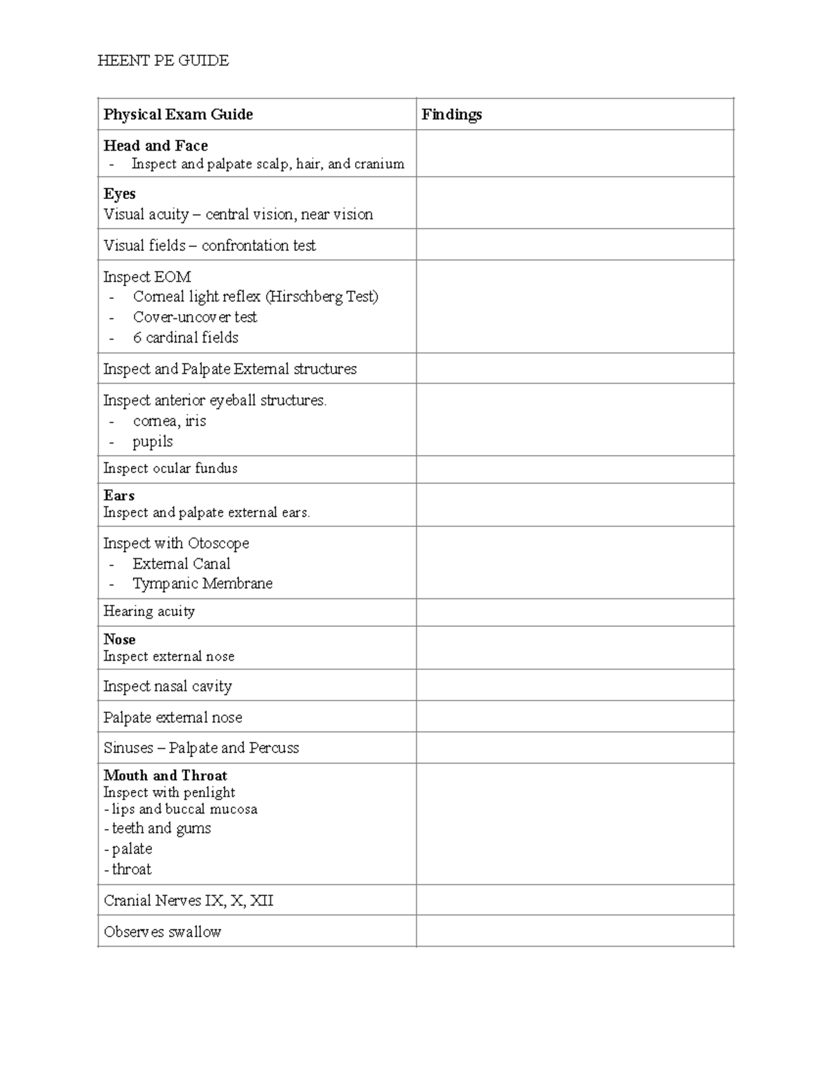 HEENT PE Guide: Comprehensive Study Notes for Physical Exam - Studocu
