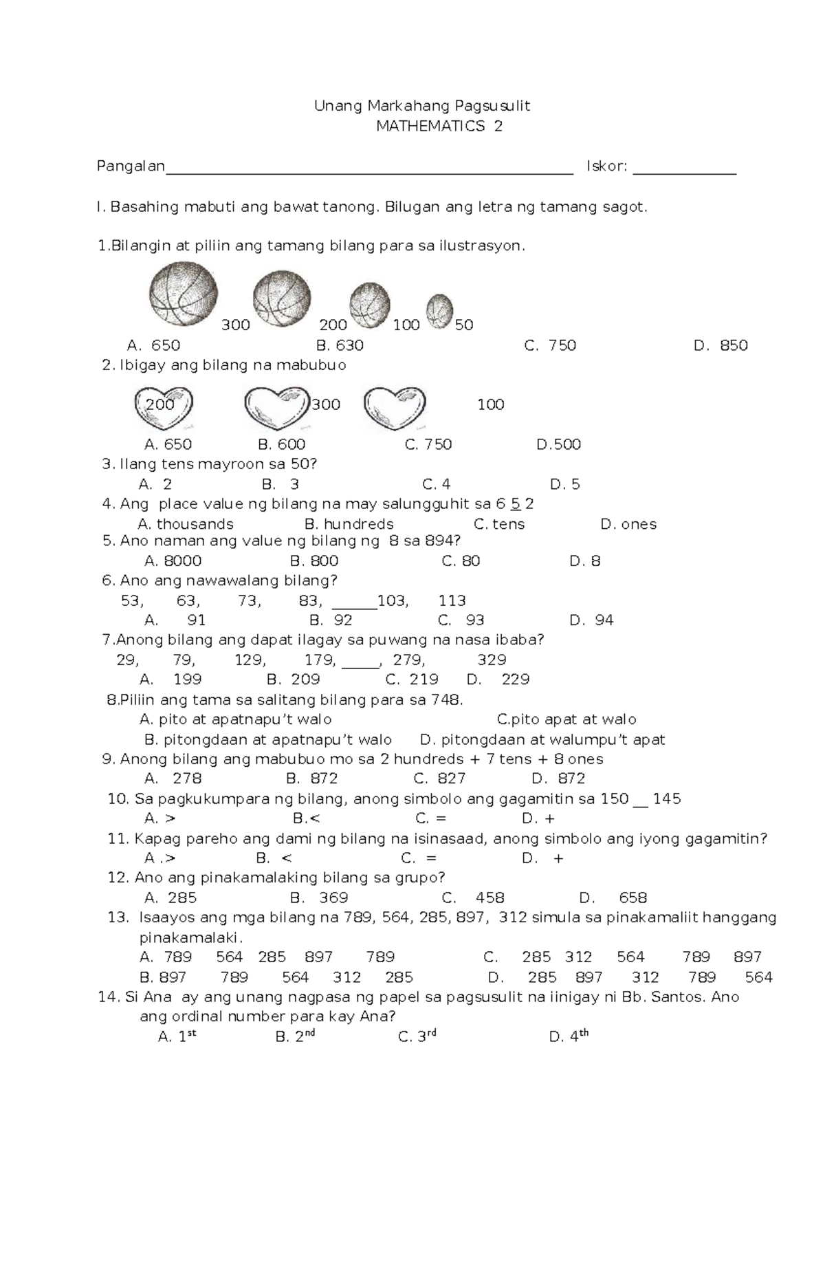 PT MATH 2 Q1 - Unang Markahang Pagsusulit sa Matematika - Studocu