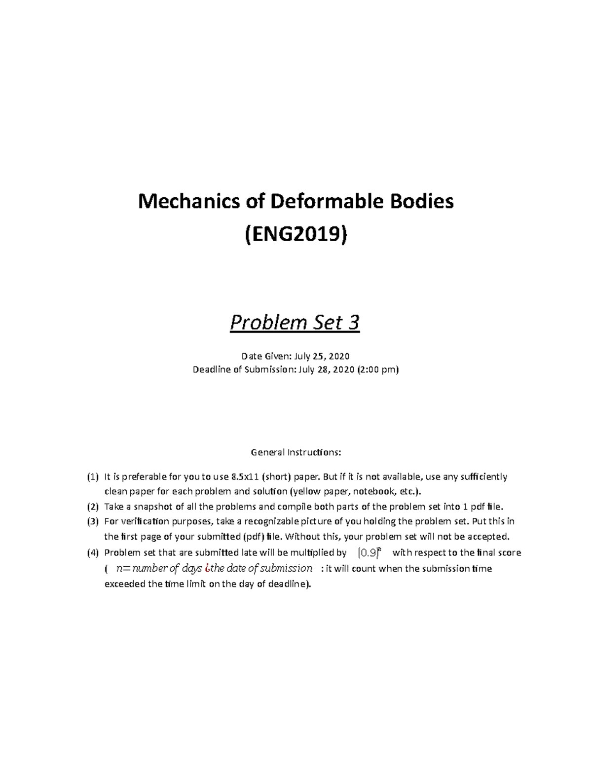 ENG2019 Mechanics of Deformable Bodies - Problem Set 3 Instructions - Studocu