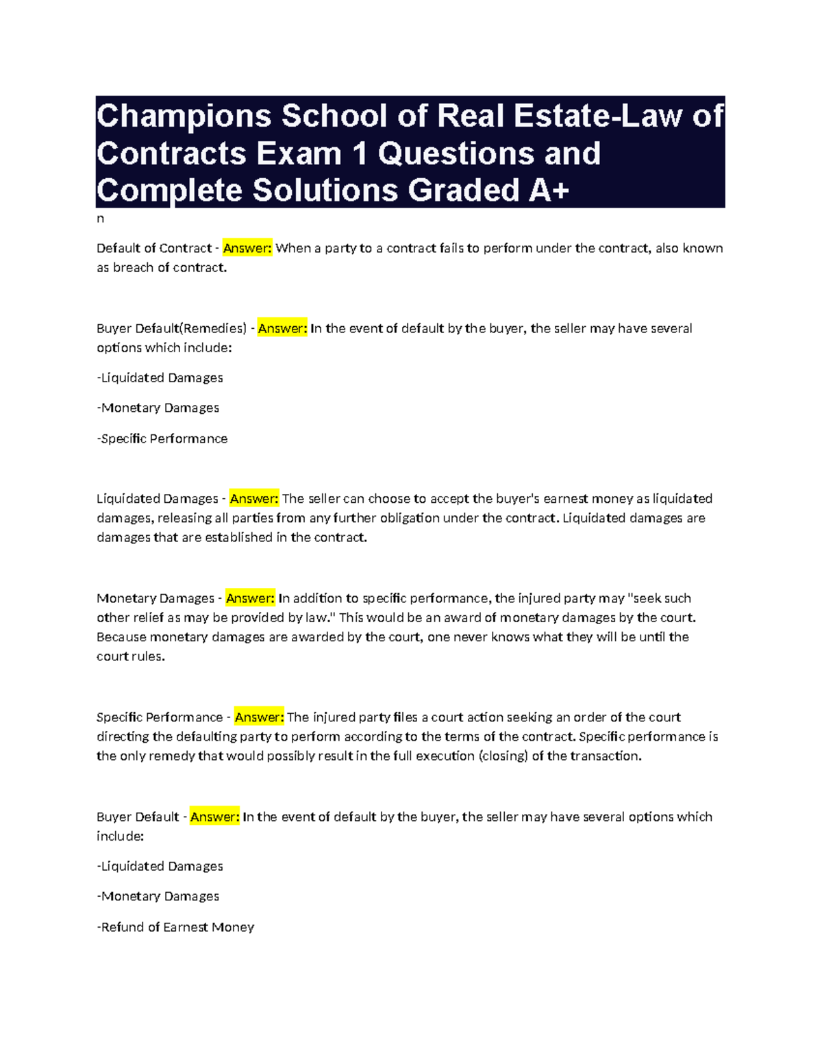 Champions School of Real Estate-Law of Contracts Exam 1 Questions and ...