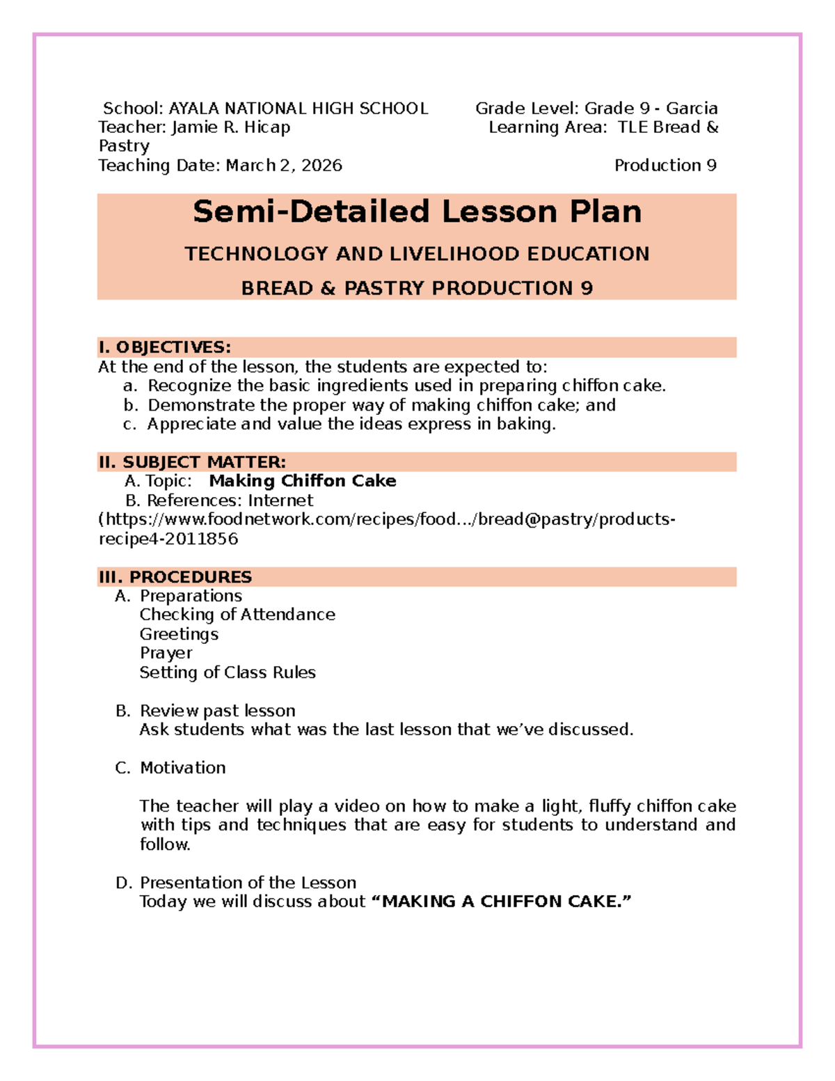 Grade 9 TLE Lesson Plan: Chiffon Cake Production - Studocu