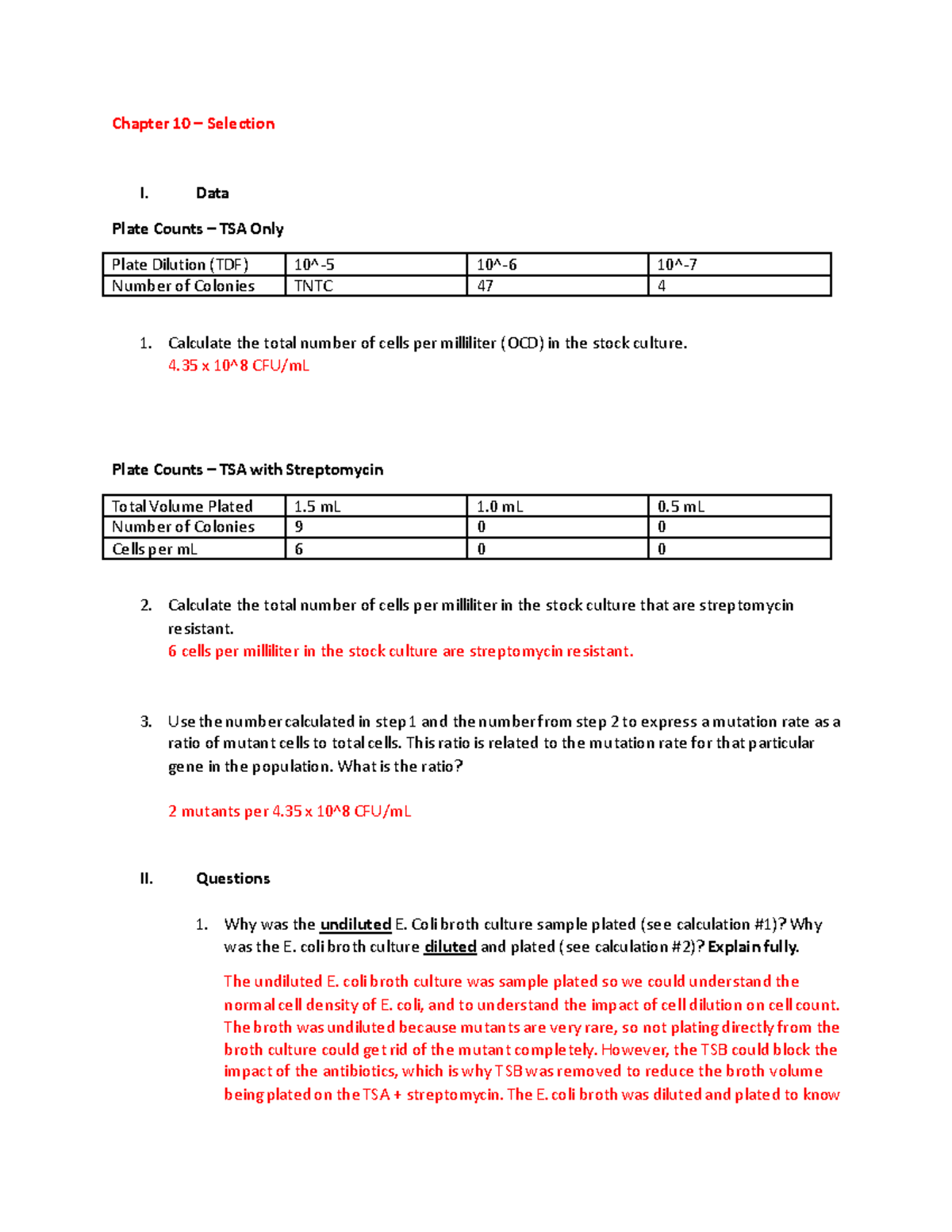 Selection - lab report - Chapter 10 – Selection I. Data Plate Counts ...