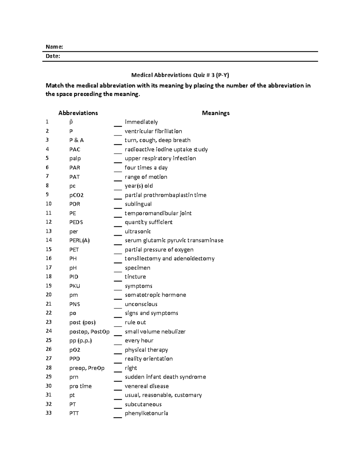Medical Abbreviations Quiz #3 (P-Y) - Matching Exercise - Studocu
