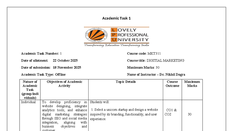 MKT311 Academic Task 1: Website Design & Digital Marketing Project ...