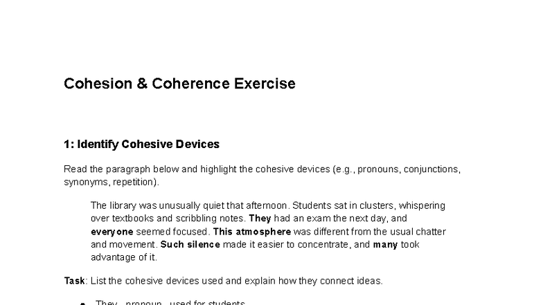Cohesion Exercise: Identifying and Improving Coherence Techniques - Studocu