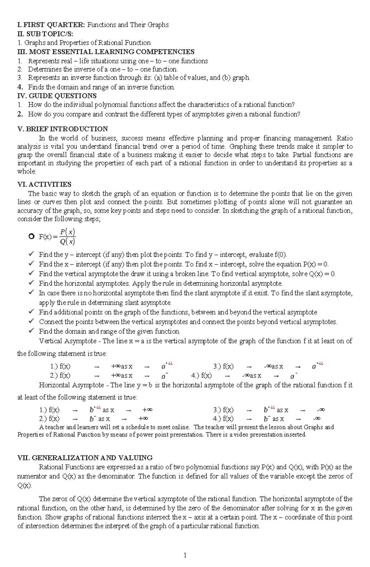 Graphs and Properties of Rational Functions - 1G Module 4 Genmath - Studocu