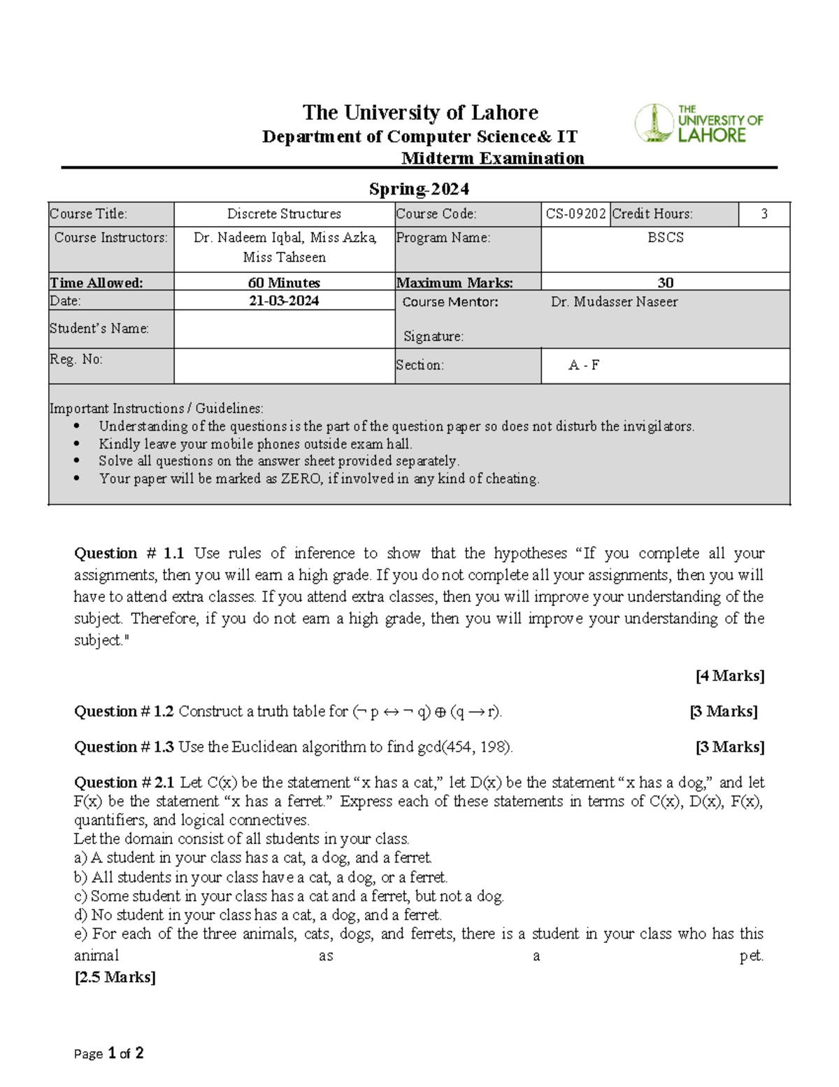 Midterm Exam Questions for Discrete Structures (CS-202) Spring 2024 ...